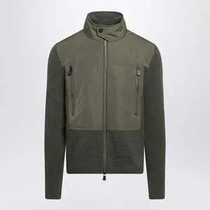 Moncler Olive Cardigan In Wool With Polyester Inserts