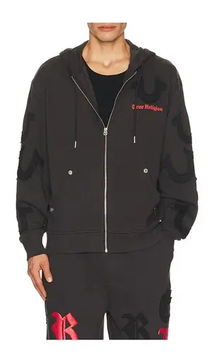 True Religion Tossed Logo Zip Hoodie In Black