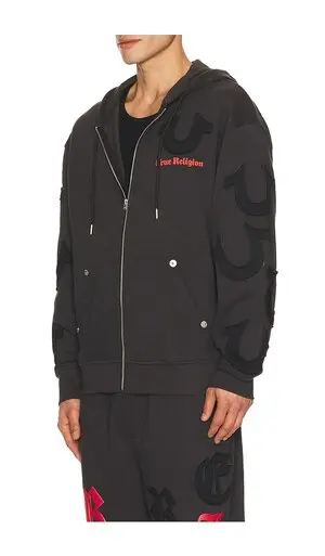 True Religion Tossed Logo Zip Hoodie In Black