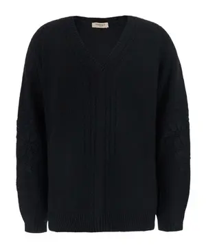 TWINSET Cable Knit V-neck Sweater - Black