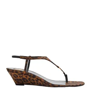 Saint Laurent Leopard-print T-strap Wedge Sandals - Black