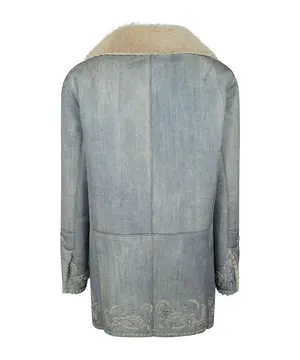 Ermanno Scervino Denim-effect Shearling Coat With Cut-out Embroidery