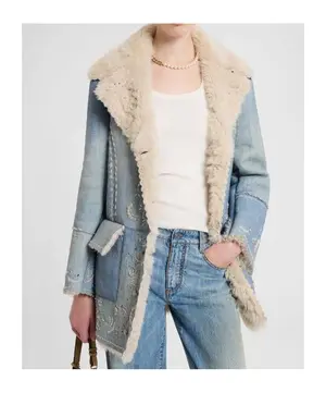 Ermanno Scervino Denim-effect Shearling Coat With Cut-out Embroidery