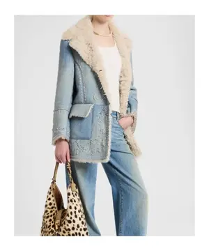 Ermanno Scervino Denim-effect Shearling Coat With Cut-out Embroidery