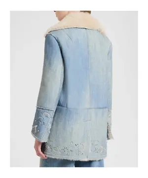 Ermanno Scervino Denim-effect Shearling Coat With Cut-out Embroidery