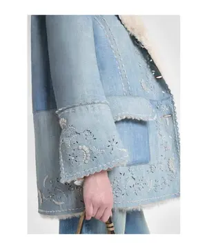 Ermanno Scervino Denim-effect Shearling Coat With Cut-out Embroidery