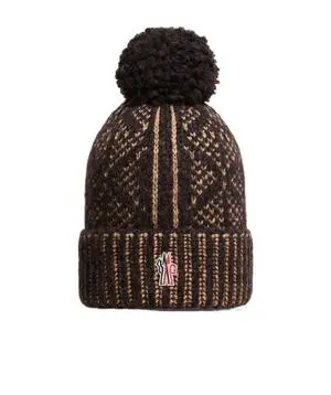 Moncler Pom Pom Ribbed Knit Beanie - Brown