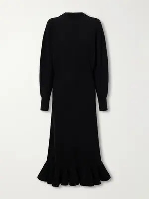 LANVIN Peplum Ribbed-trim Wool And Cashmere-blend Midi Dress - Black