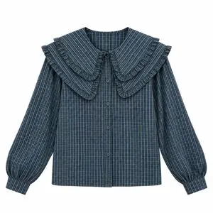 LATELIER LONDON Checked Blouse With Double Ruffle Peter Pan Collar