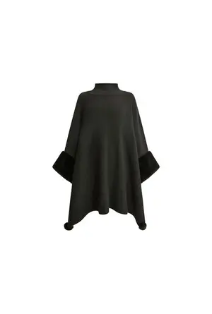 JAMES LAKELAND Pom Pom Faux Fur Knit Poncho