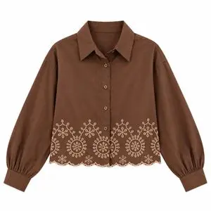 LATELIER LONDON Chocolate Embroidered Blouse With Scalloped Hem - Brown