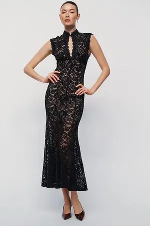Avec Les Filles Sheer Lace Keyhole Maxi Dress - Black