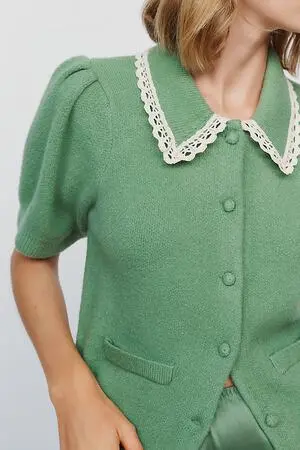 English Factory Embellished Puff-sleeve Knit Cardigan