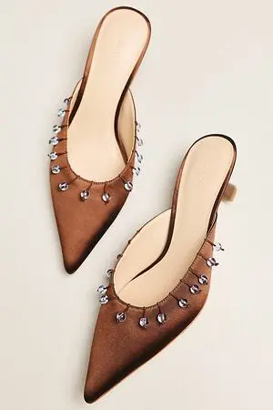 Maeve Sat Beaded Poted Toe Mule Heels - Brown