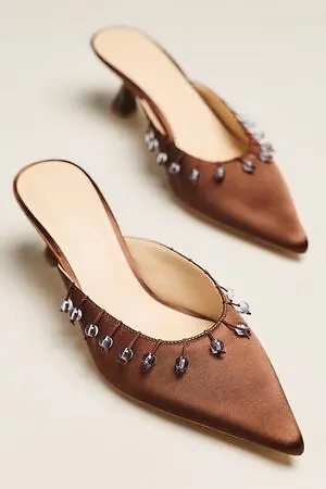 Maeve Sat Beaded Poted Toe Mule Heels - Brown