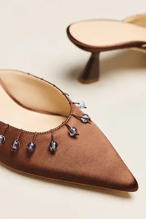 Maeve Sat Beaded Poted Toe Mule Heels - Brown