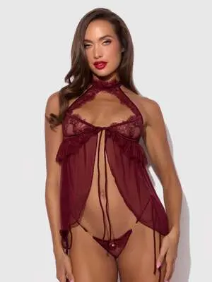 Frederick's Of Hollywood Lilith Lace & Mesh Halter Babydoll Set - Cabernet