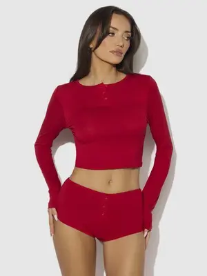 Frederick's Of Hollywood Seraphina Modal Long Sleeve Crop And Short Sleep Set - Candy Red