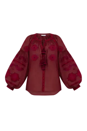 ANNABO Rombé Geometric Embroide Linen Blouse - Red