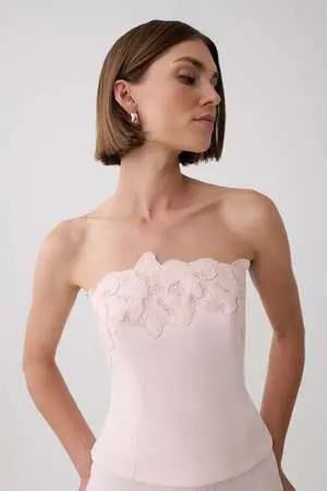 Meshki Tillie Flower Embroidery Strapless Denim Top - White