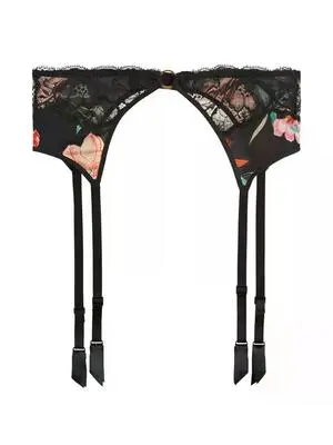 AUBADE Sweet Folk Floral-print Lace-trim Suspender Belt - Black