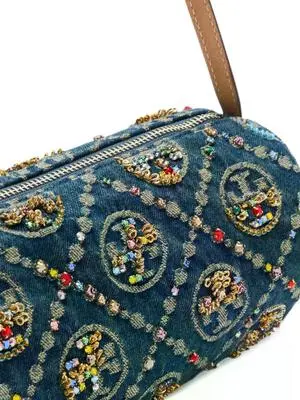 Tory Burch T Monogram Denim Embellished Cylinder Bag