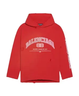 Balenciaga Distressed Logo Printed Hoodie - Red