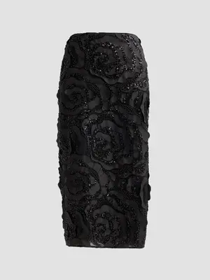 MILLY Rosemary Beaded Rosette Midi Skirt - Black