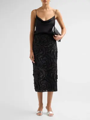 MILLY Rosemary Beaded Rosette Midi Skirt