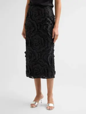 MILLY Rosemary Beaded Rosette Midi Skirt