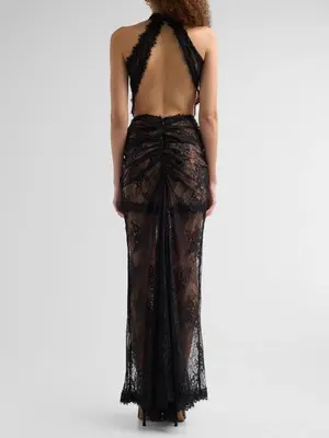 PatBO Sheer Lace Draped Halter Gown