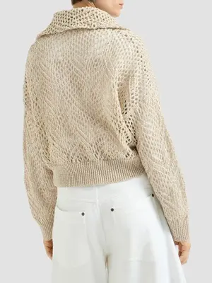 Brunello Cucinelli Dazzling Abstract Leaf Cardigan In Linen With Zipper - Beige