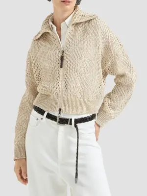 Brunello Cucinelli Dazzling Abstract Leaf Cardigan In Linen With Zipper - Beige