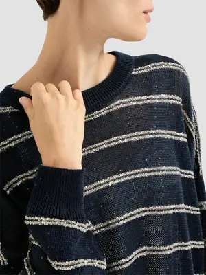 Brunello Cucinelli Linen And Cotton Sweater With Dazzling Double Stripes