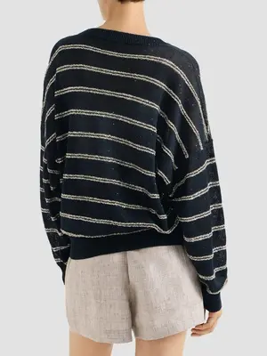 Brunello Cucinelli Linen And Cotton Sweater With Dazzling Double Stripes