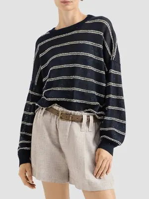 Brunello Cucinelli Linen And Cotton Sweater With Dazzling Double Stripes