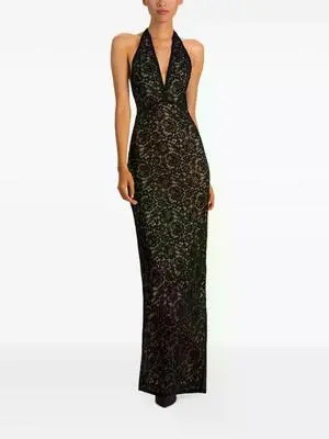 Alice + Olivia Estelle Foil-lace Halterneck Maxi Dress - Black