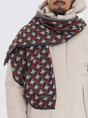 Kiton Houndstooth Pure Silk Scarf With Fringed Hem And Contrast Logo Blue