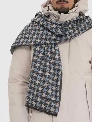 KITON Houndstooth Pure Silk Scarf With Fringed Hem And Contrast Logo