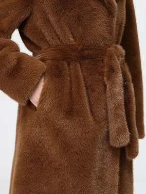 DUNO Vilma Pejo Robe Coat In Faux Fur With Belt - Coffee