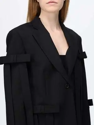 MEIMEIJ Cropped Relaxed Fit Wool-blend Blazer With Bow And Peak Lapels