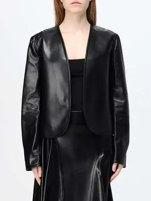 MEIMEIJ Cropped Faux Leather Blazer With An Open-front Design - Black