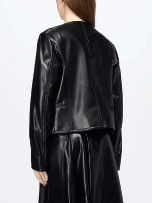 MEIMEIJ Cropped Faux Leather Blazer With An Open-front Design