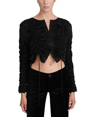 FRAME Serre Ruched Cropped Silk Blouse - Black