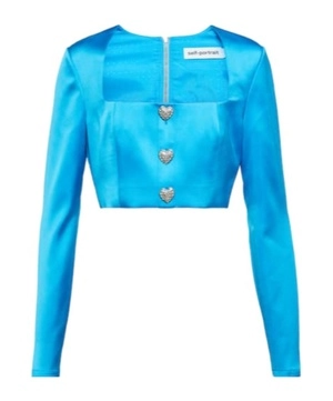 SELF-PORTRAIT Crystal-embellished Satin Crop Top - Blue