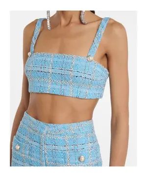 Alessandra Rich Embellished Checked Tweed Crop Top