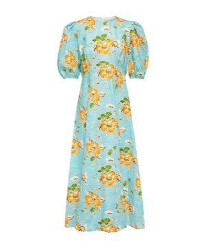ALEMAIS Floral Puff-sleeve Linen Midi Dress - Blue