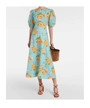 ALEMAIS Floral Puff-sleeve Linen Midi Dress