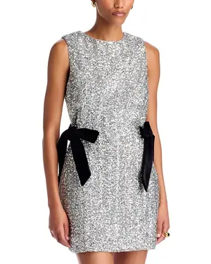 MILLY Bella Sequin Bow Mini Dress - Silver