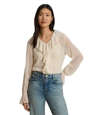 Ralph Lauren Crinkle Georgette Ruffle Trim Blouse